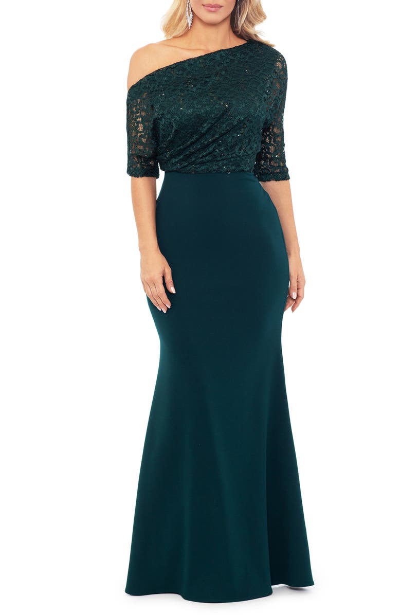 Betsy & Adam One-Shoulder Sequin Lace Mixed Media Gown | Nordstromrack