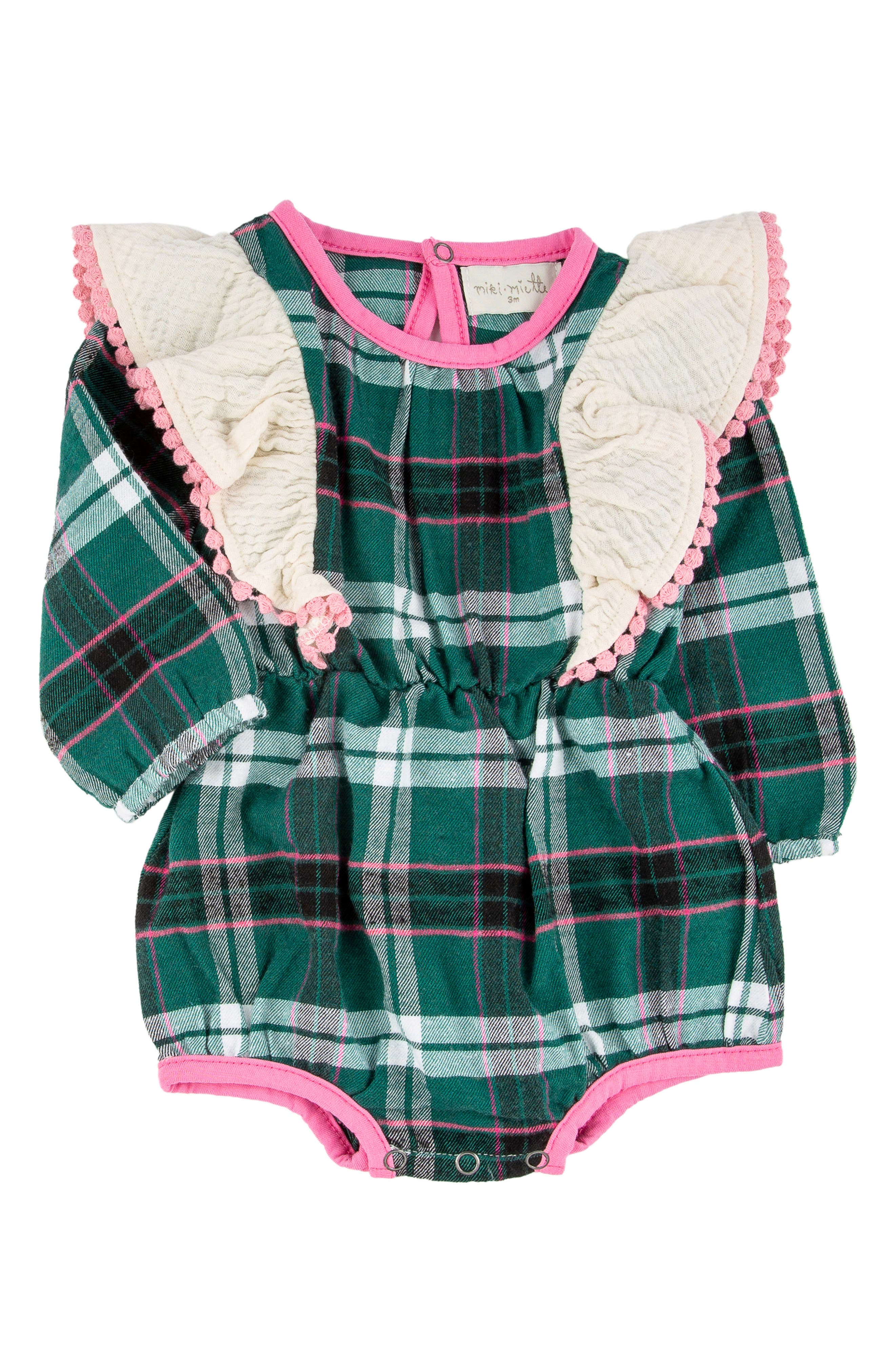 Miki Miette Plaid Ruffle Accent Cotton Bubble Romper | Nordstrom