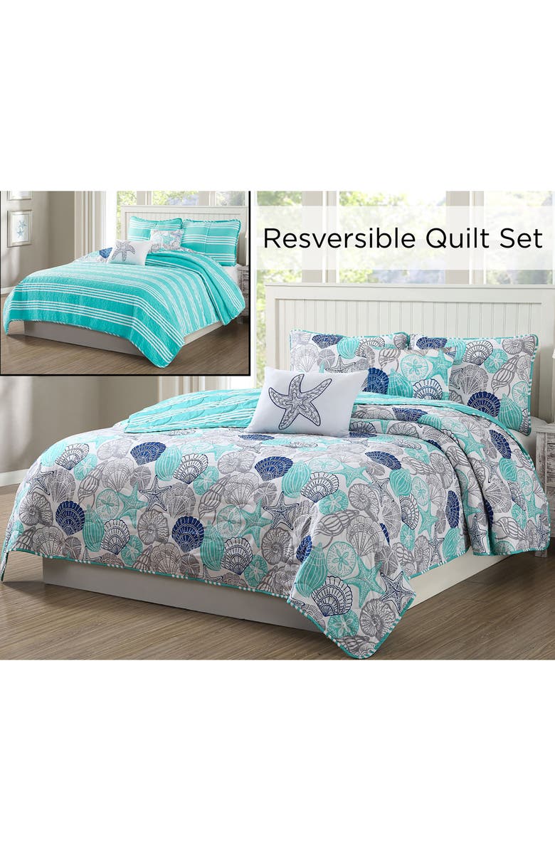 Quaint Home Seashell & Starfish Reversible Microfiber Quilt Set ...