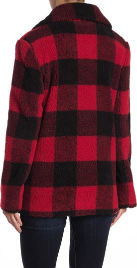 French Connection Faux Fur Buffalo Plaid Print Notch Collar Jacket ...