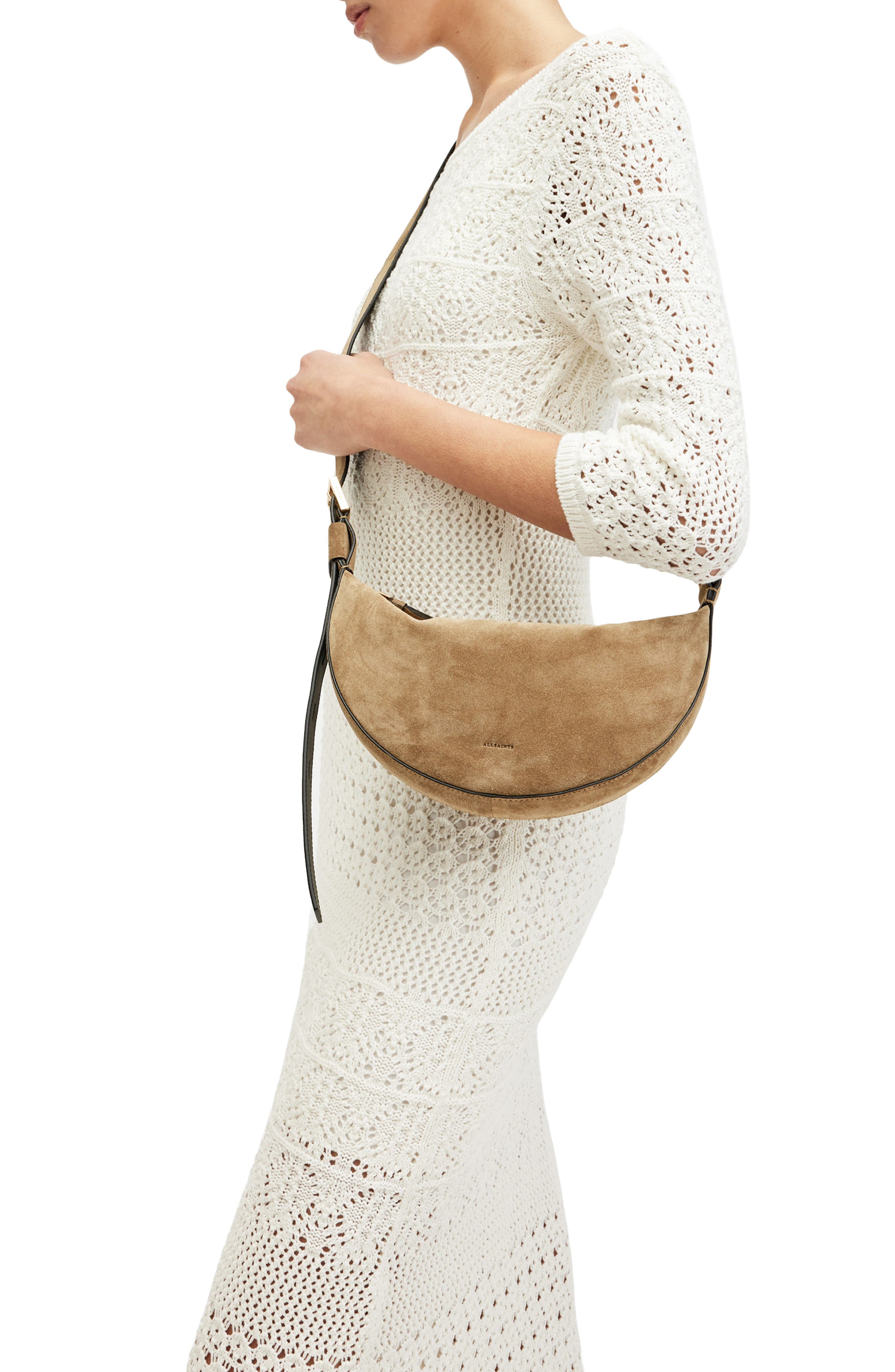 AllSaints Half Moon Suede Crossbody Bag | Nordstromrack