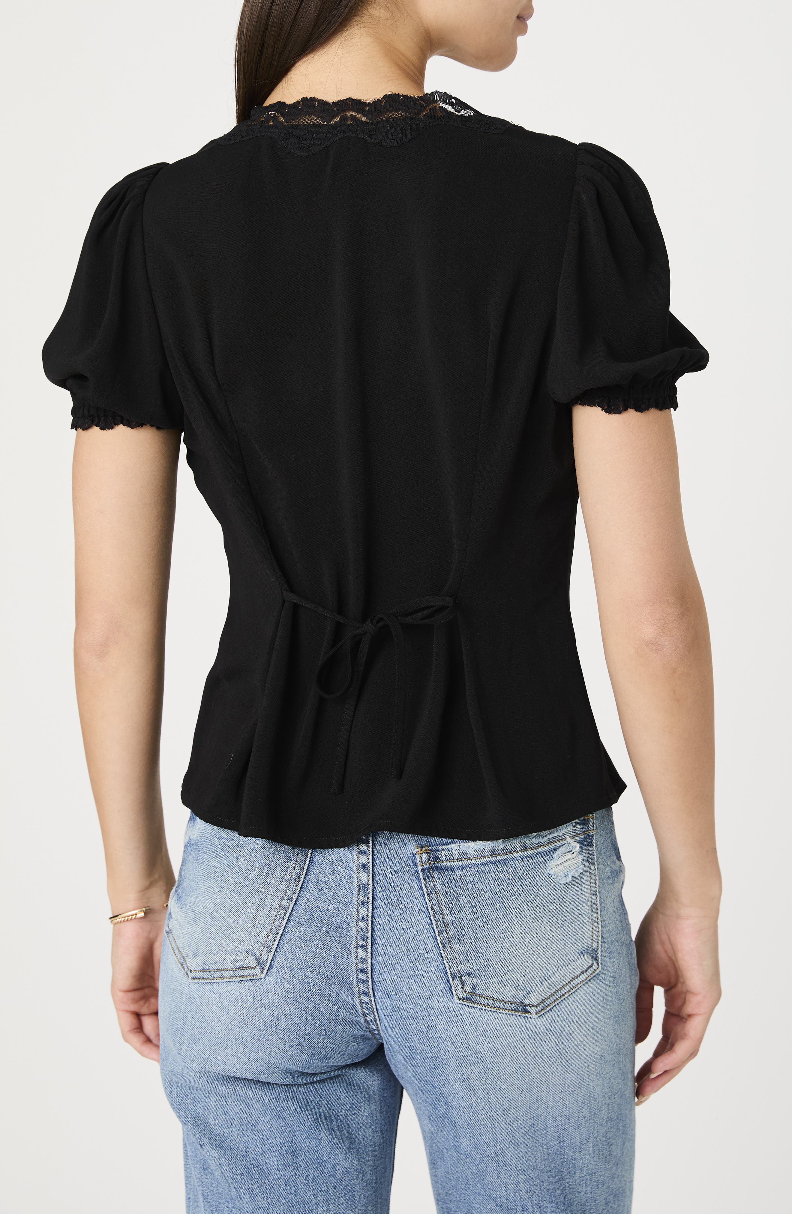 French Connection Lace Trim Puff Sleeve Button Front Peplum Top ...