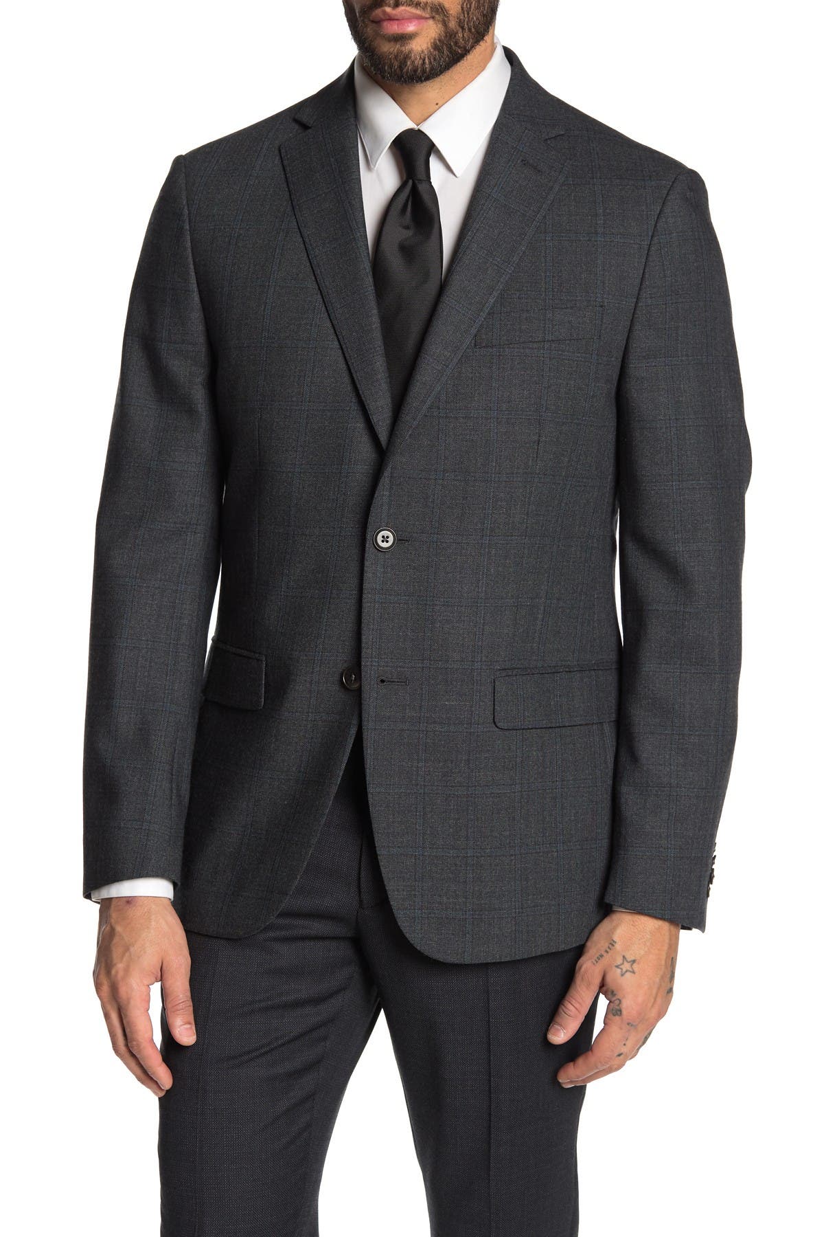 Windowpane Charcoal & Blue Woven Two Button Notch Lapel Blazer (Men ...