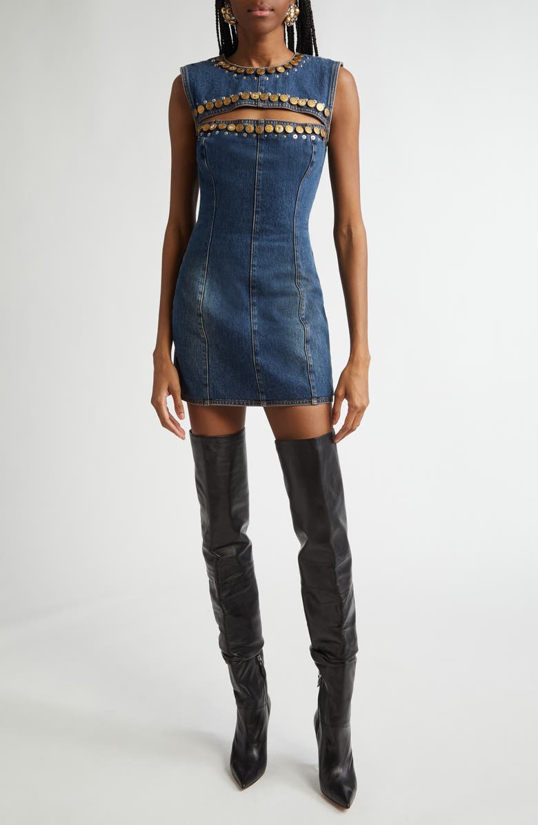 Area Crystal Button Studded Cutout Denim Minidress | Nordstromrack