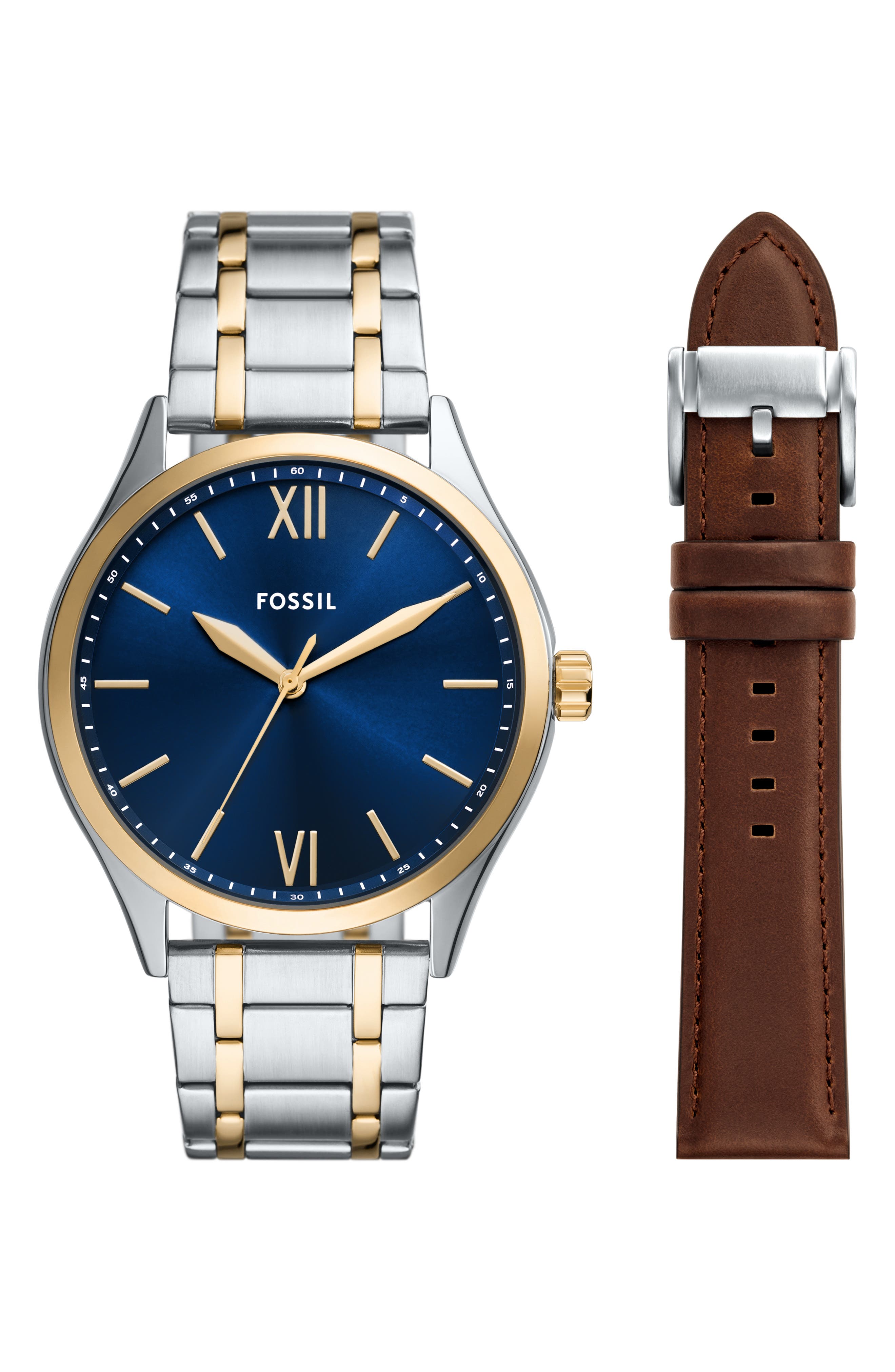 Fossil Fenmo Two-Tone Bracelet Strap & Leather Strap Watch, 44mm ...