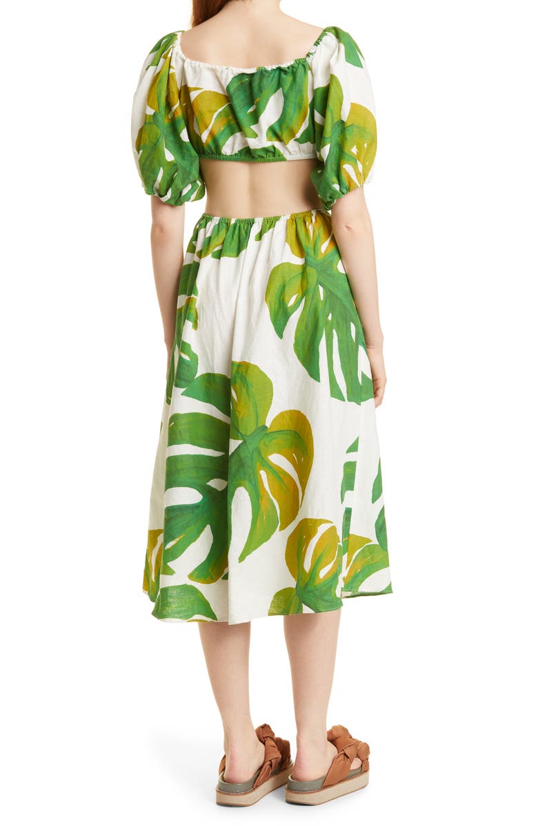 FARM Rio Leaf Print Cutout Detail Linen Blend Dress | Nordstromrack