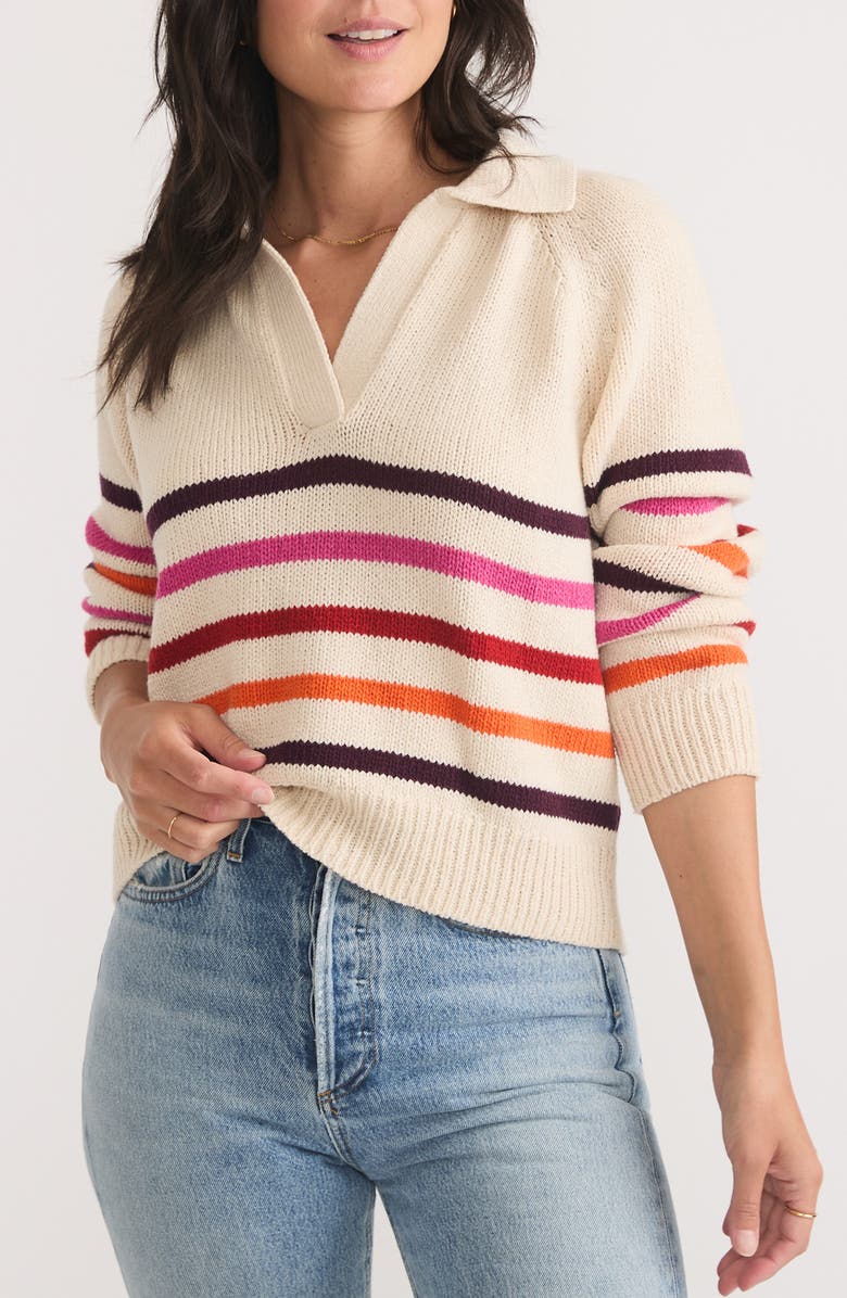 Marine Layer Claire Stripe Wool & Cotton Johnny Collar Polo Sweater ...
