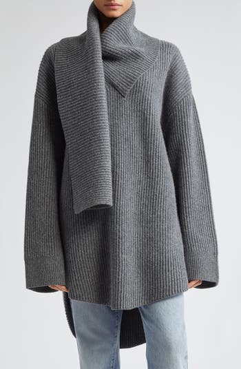 TOTEME Draped Scarf Oversize Funnel Neck Wool Rib Sweater | Nordstrom