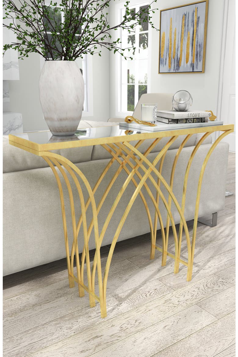 VIVIAN LUNE HOME Goldtone Metal Geometric Console Table with Mirrored ...