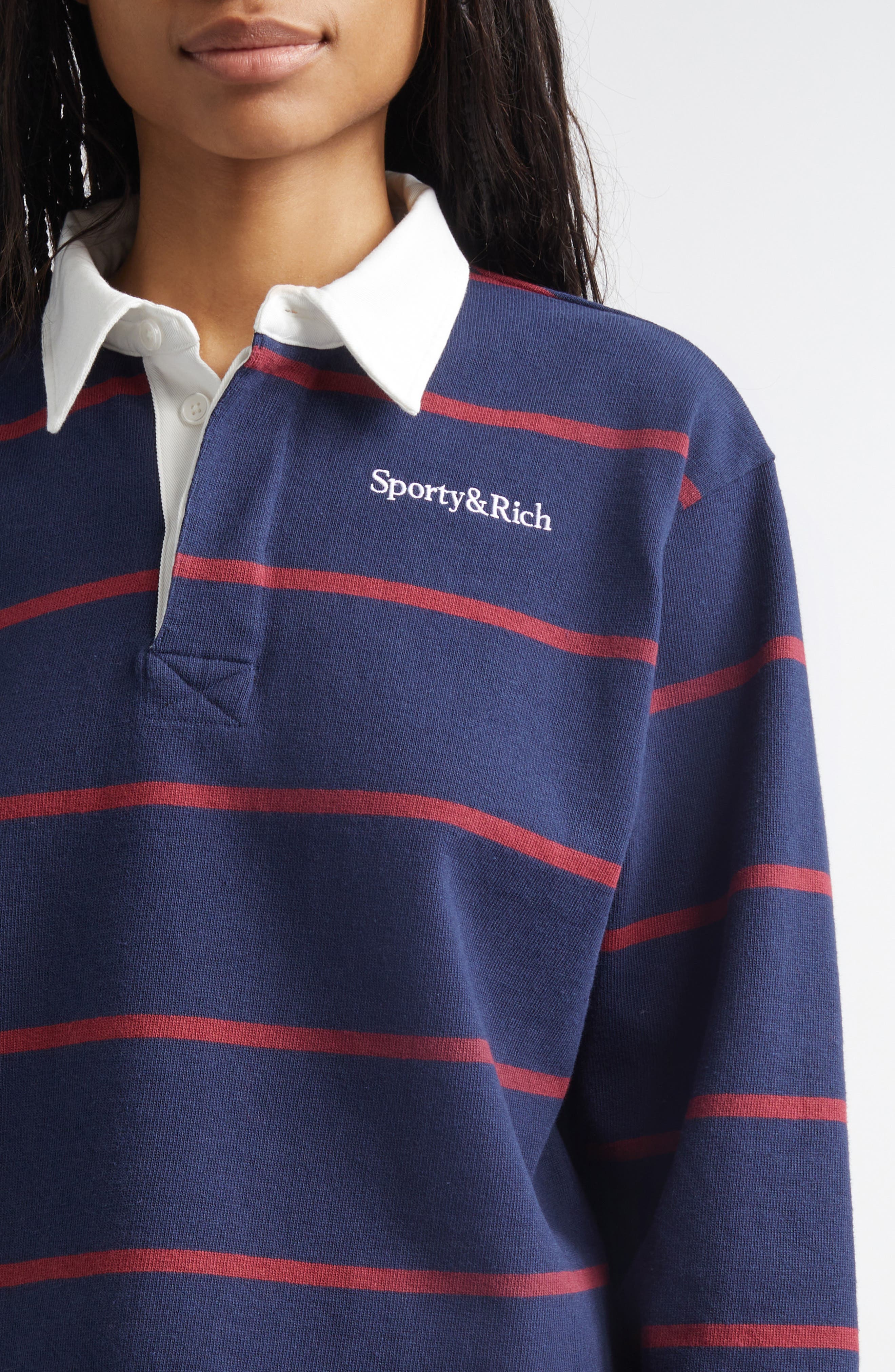 Sporty & Rich Serif Logo Embroidered Cotton Long Sleeve Rugby Polo ...