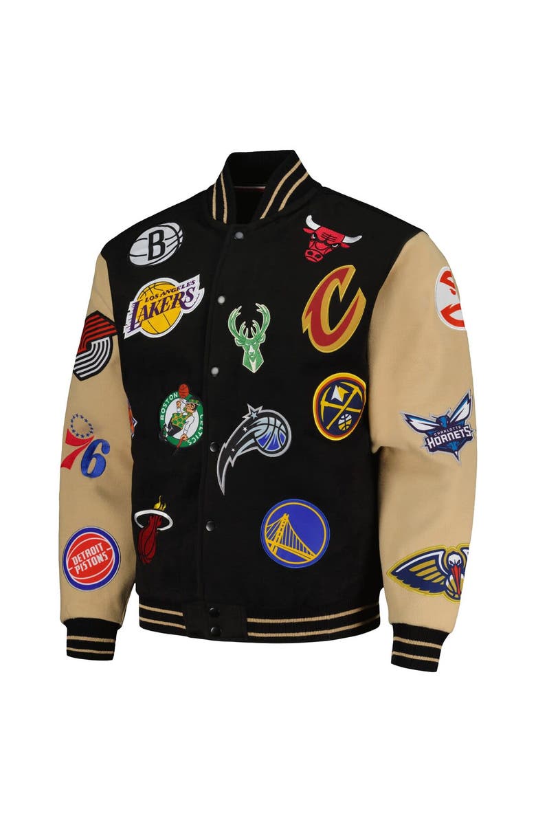 FISLL Men's FISLL Black/Khaki NBA All Logo Aviator Wool Varsity Jacket ...