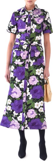 Richard Quinn Belted Floral Print Denim Midi Dress | Nordstrom
