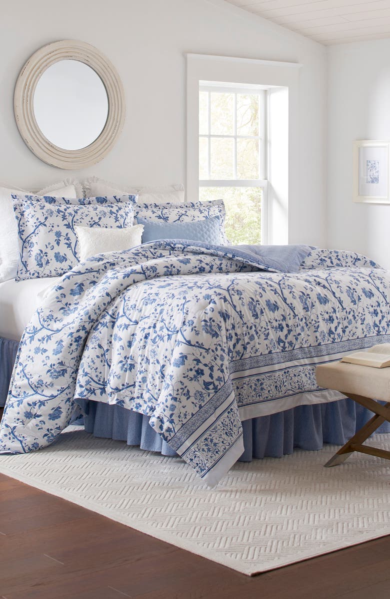 Laura Ashley Veronique 4-Piece Blue Floral Cotton King Comforter Set ...