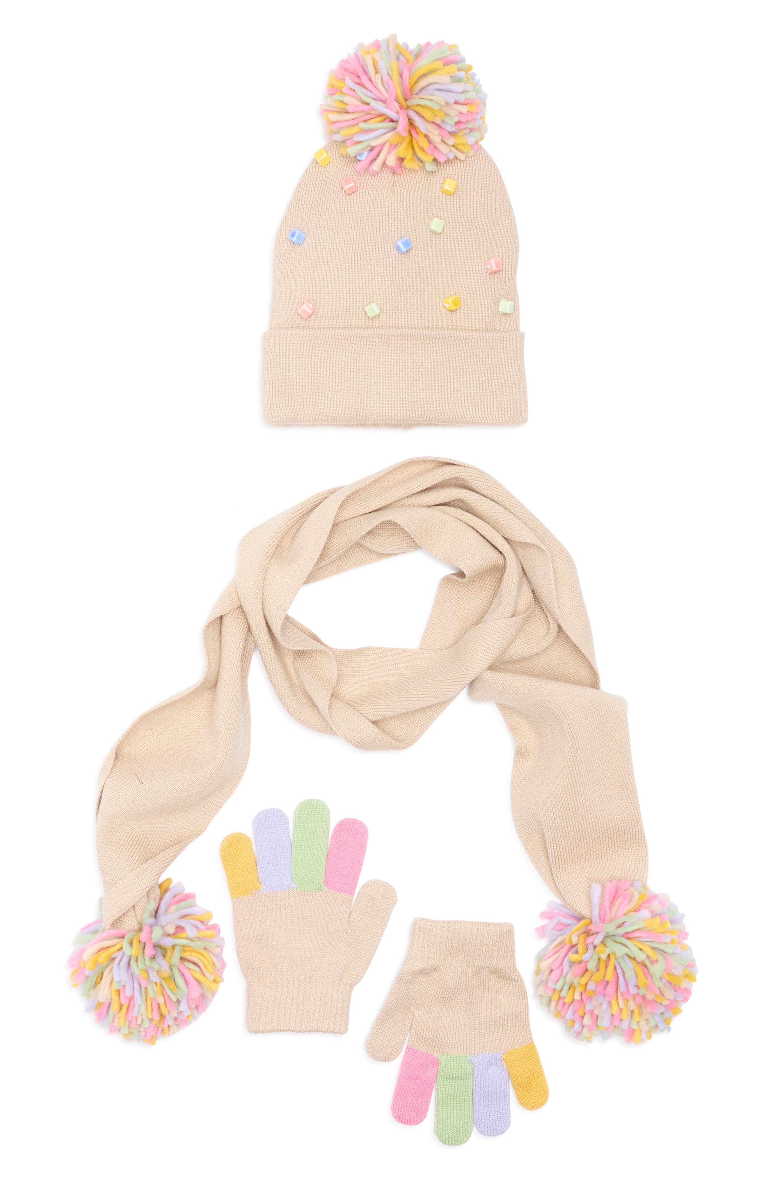Toby Kids' Rainbow Bead Pompom Beanie, Scarf & Gloves Set | Nordstromrack