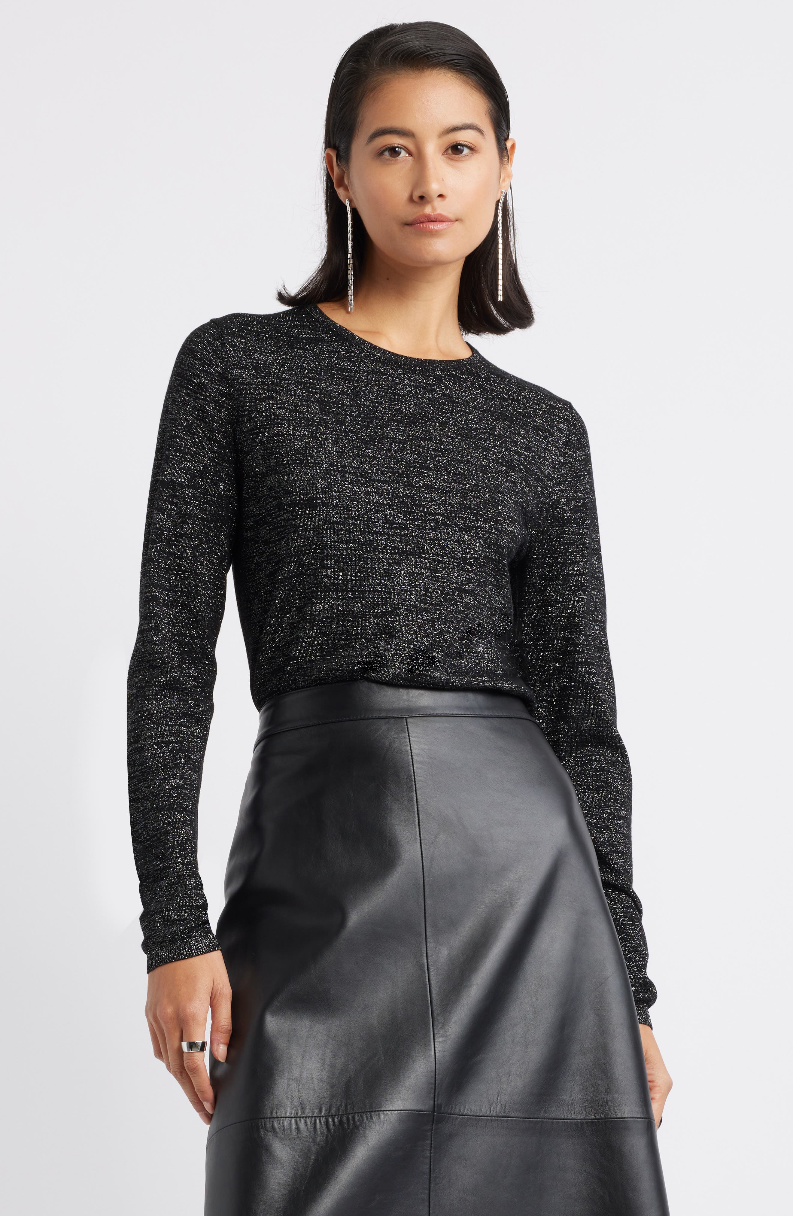 Nordstrom Sparkle Crewneck Sweater In Black- Silver Lurex | ModeSens