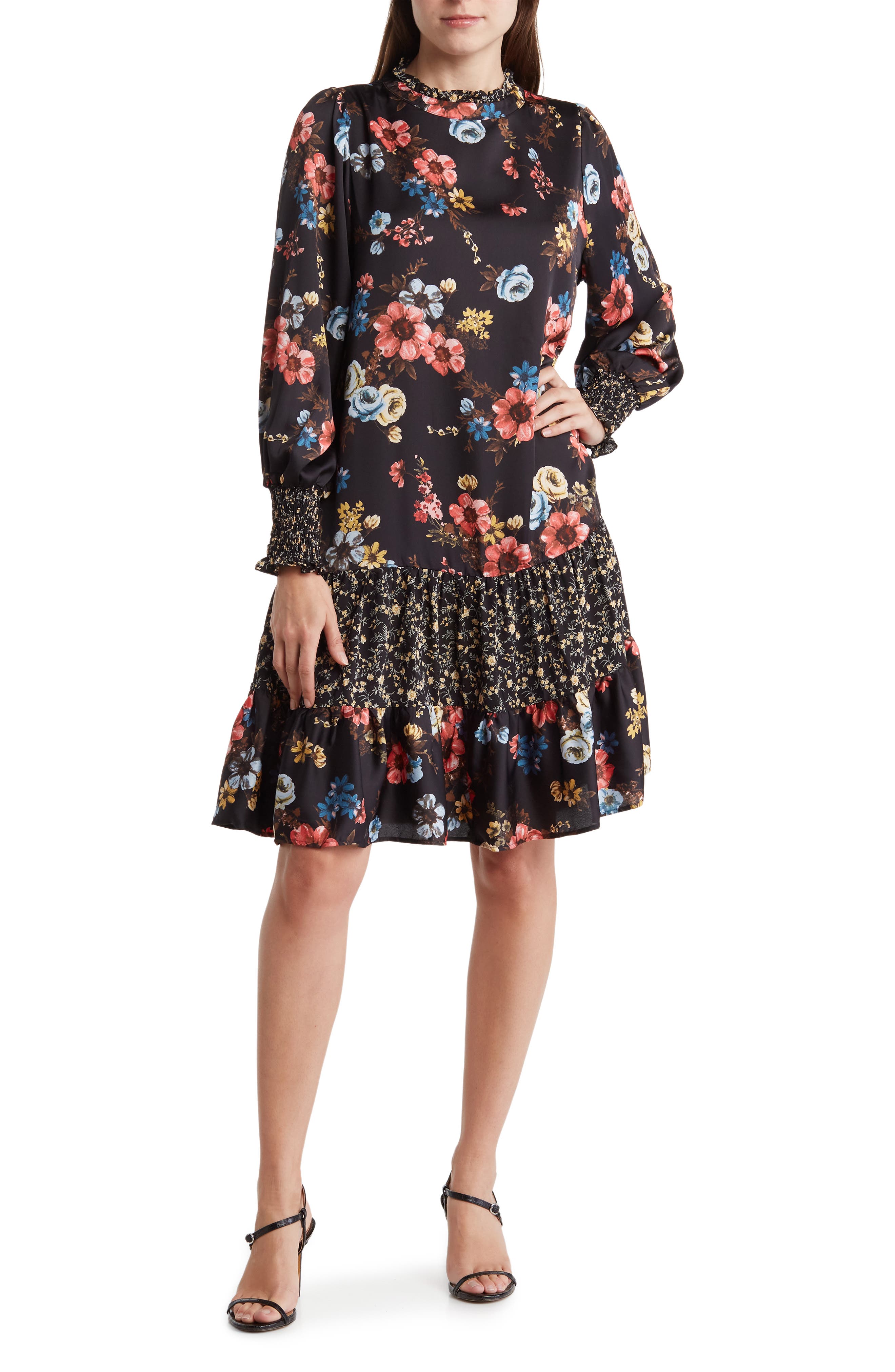 CODEXMODE Floral Long Sleeve Tiered Mixed Media Dress | Nordstromrack