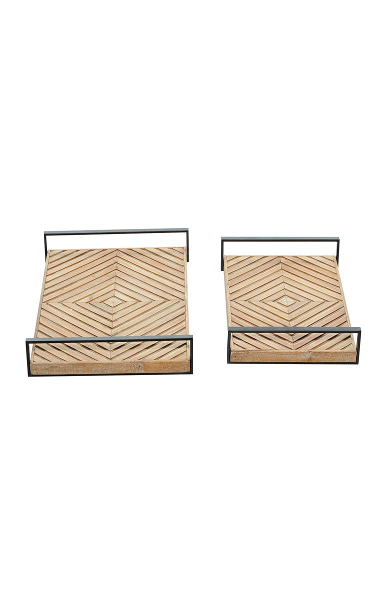 WILLOW ROW Brown Wood Diamond Pattern Tray with Black Handles - Set of ...