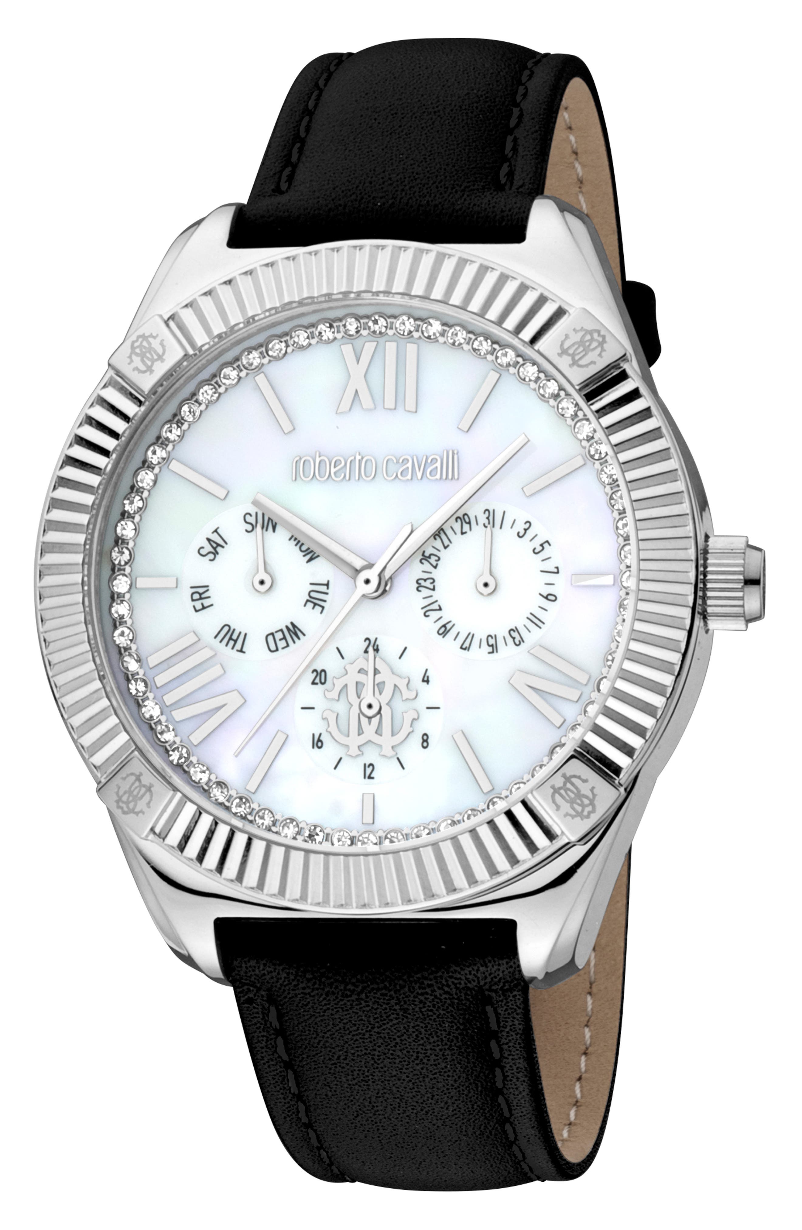 Roberto Cavalli Mother-of-Pearl Leather Strap Watch, 40mm | Nordstromrack