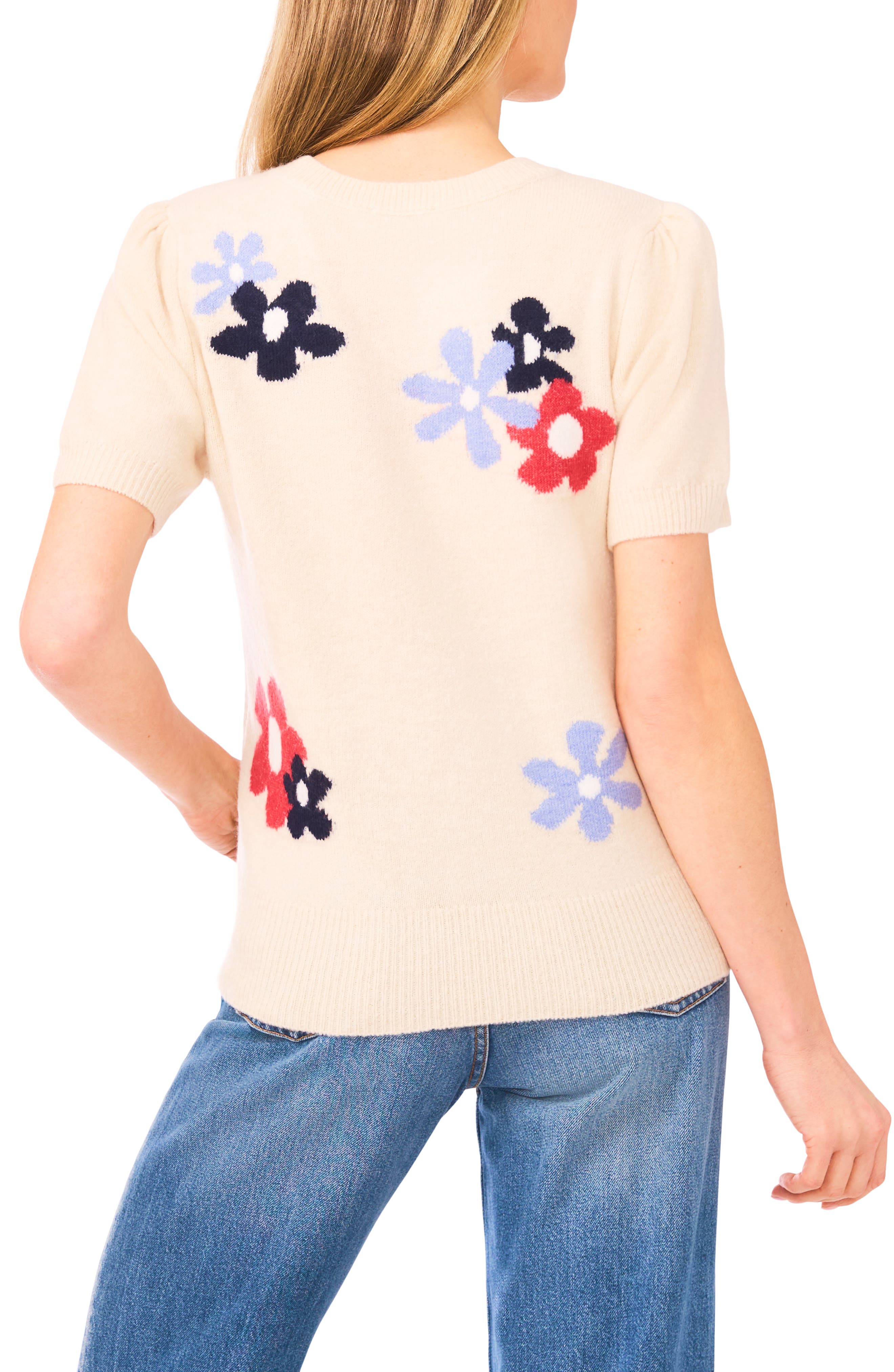 CeCe Groovy Flower Short Sleeve Sweater | Nordstrom