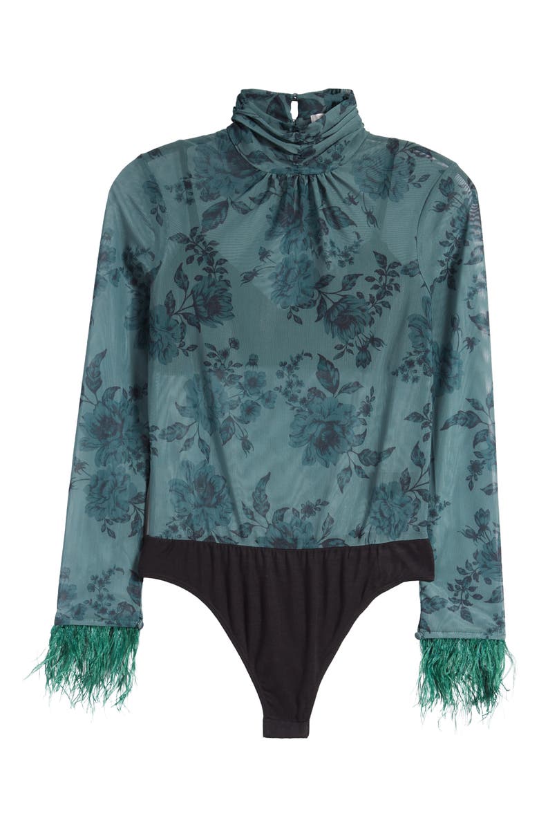 WAYF Lola Floral Print Feather Trim Turtleneck Bodysuit | Nordstrom