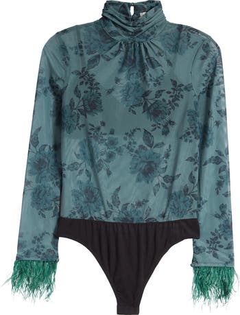 WAYF Lola Floral Print Feather Trim Turtleneck Bodysuit | Nordstrom