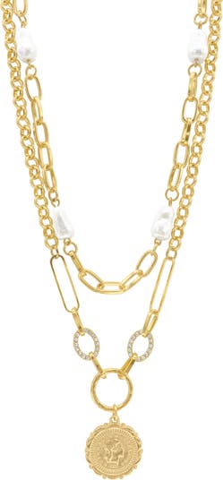 Adornia Imitation Pearl & Coin Pendant Water Resistant Layered Necklace ...