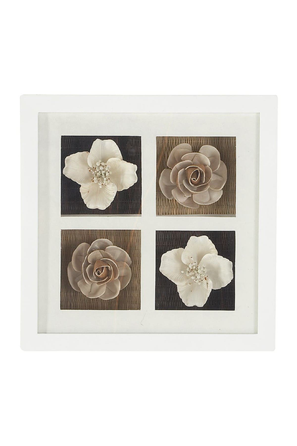 UMA Natural Wooden Framed White Primrose & Brown Rose Flowers Wall ...