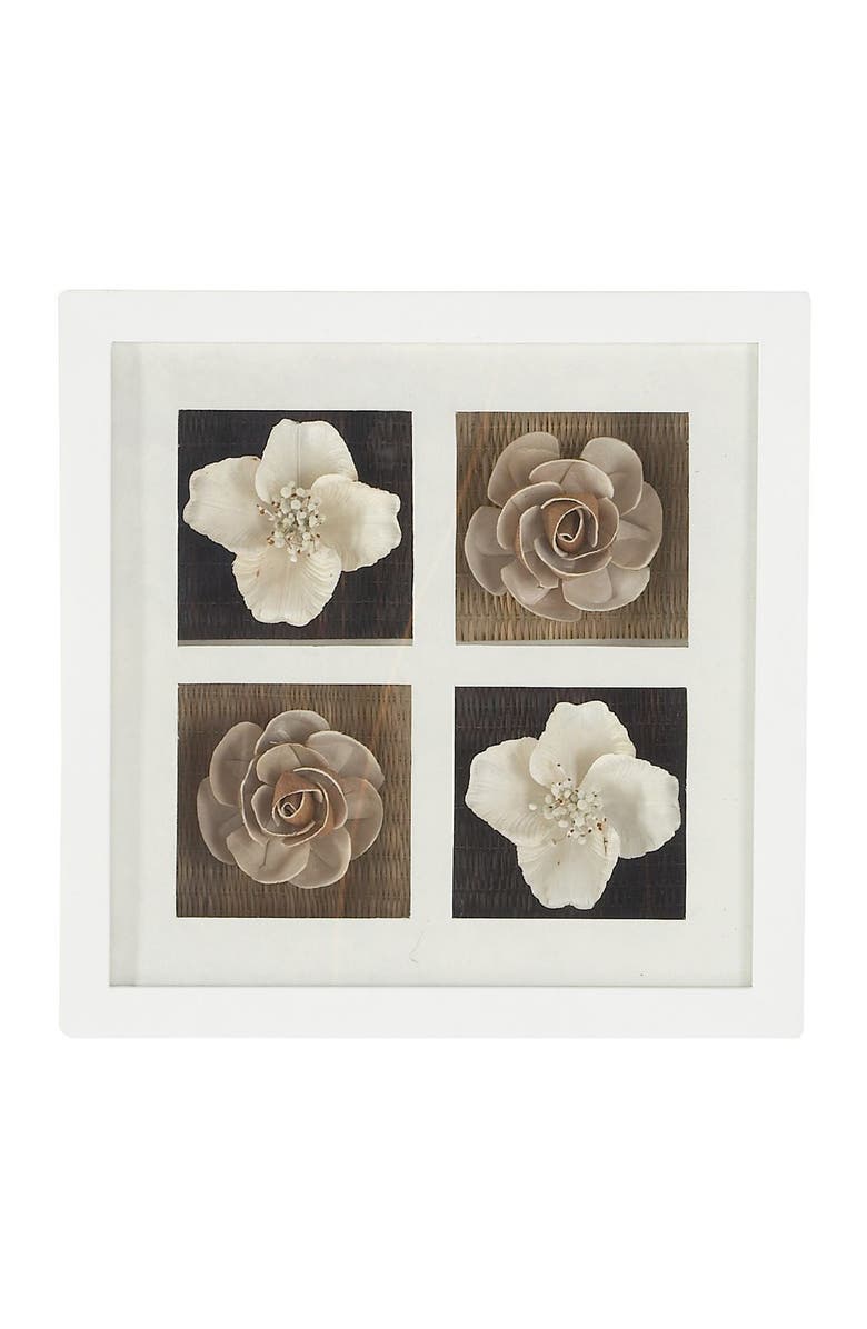 UMA Natural Wooden Framed White Primrose & Brown Rose Flowers Wall ...
