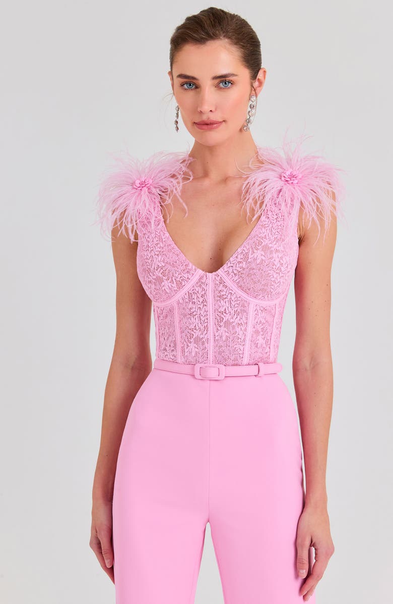 NADINE MERABI Ostrich Feather Lace Bodice Belted Jumpsuit | Nordstromrack