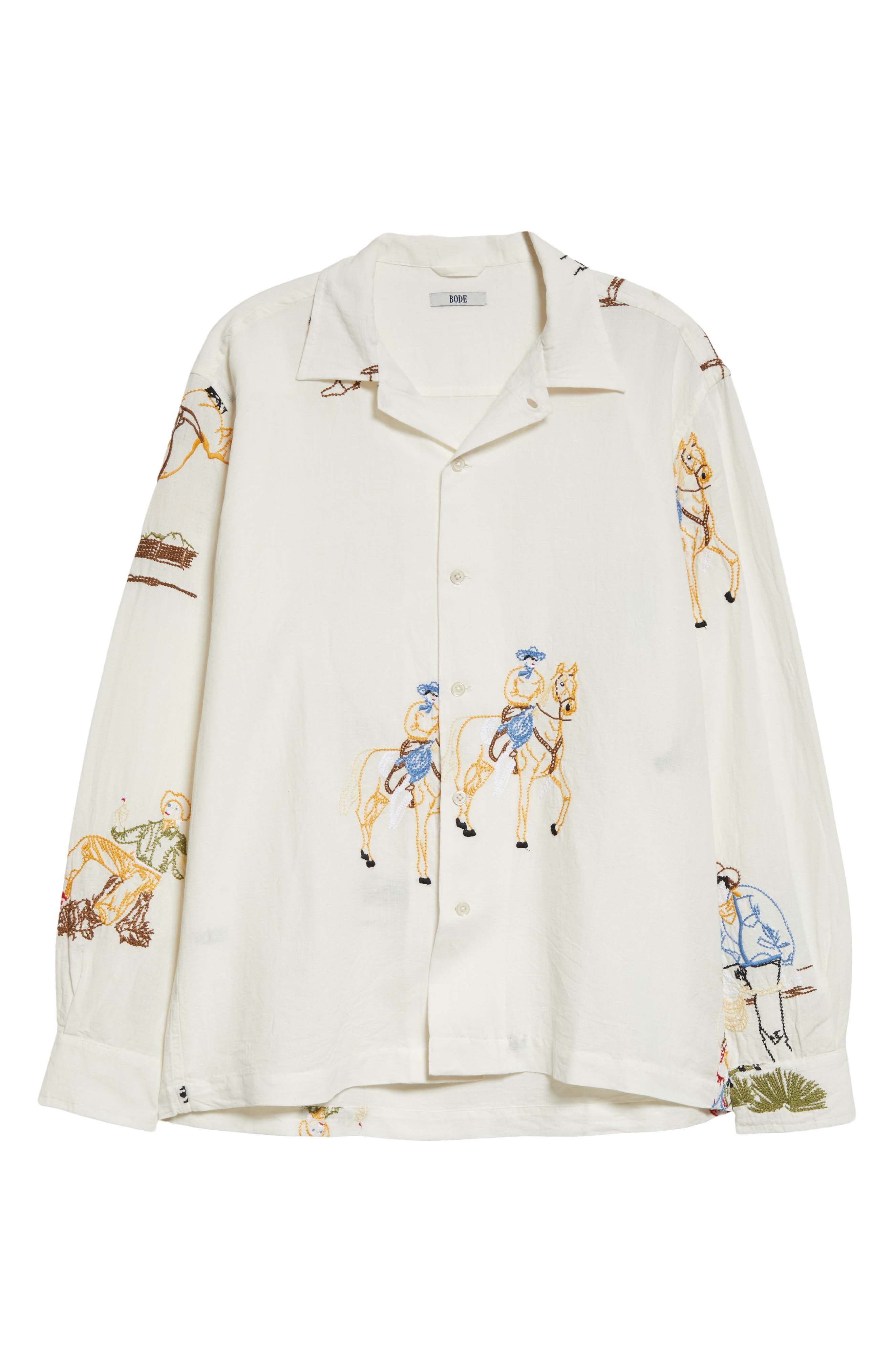 Bode Boxy Buckaroo Embroidered Long Sleeve Linen & Cotton Button-Up ...