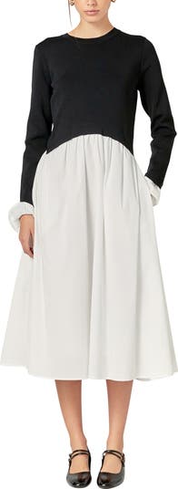 English Factory Twofer Long Sleeve Mixed Media Midi Dress | Nordstromrack