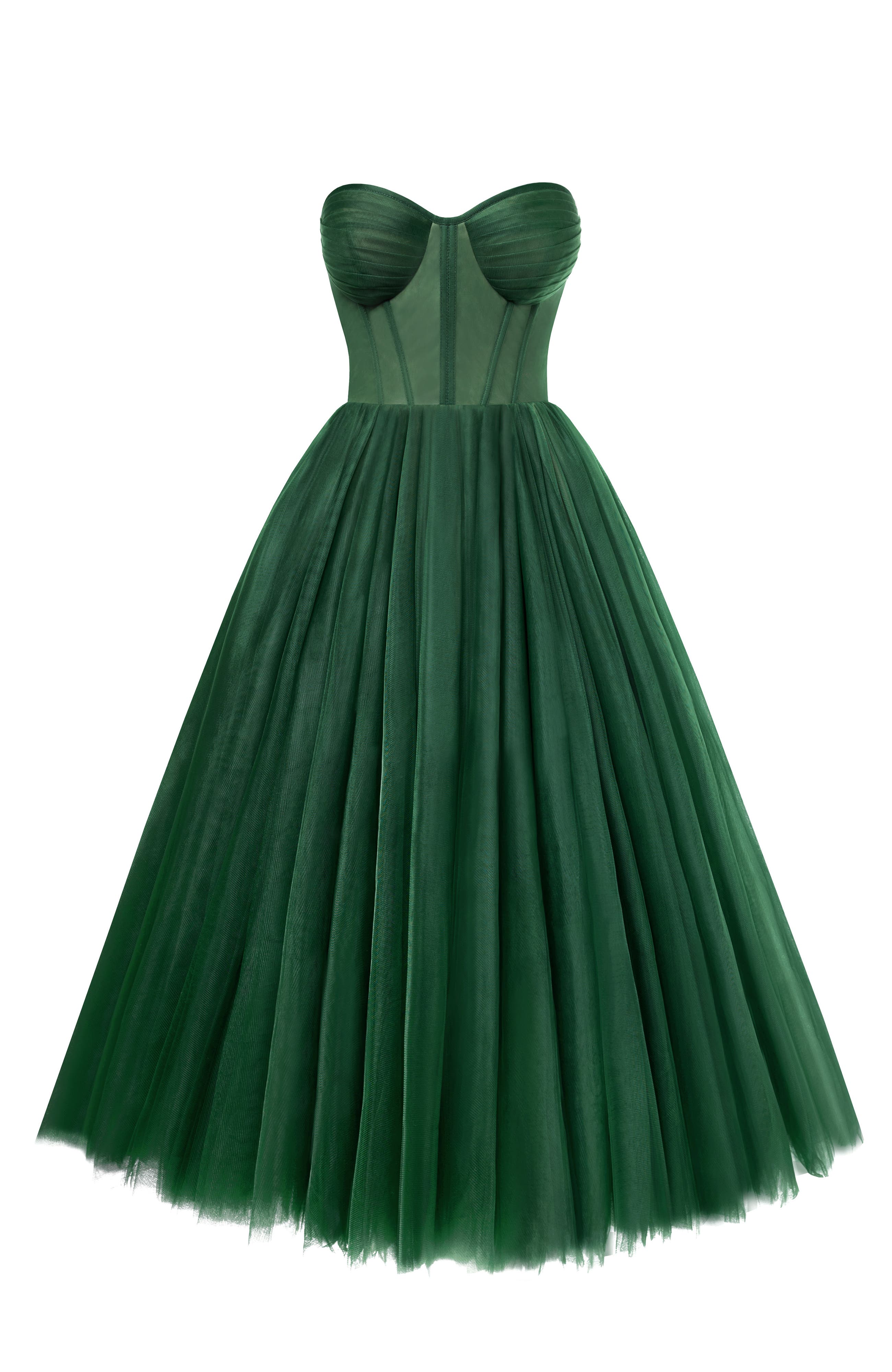 Milla Strapless Puffy Tulle Midi Formal Occasion Dress in Emerald Green ...