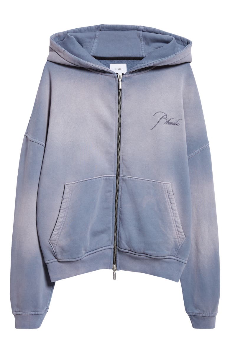 Rhude Distressed Logo Embroidered Cotton French Terry Zip Hoodie ...