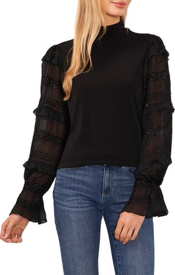 CeCe Sequin Sheer Chiffon Sleeve Knit Top | Nordstrom