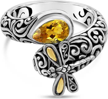 DEVATA Sterling Silver & 18K Yellow Gold Citrine Dragonfly Bypass Ring ...