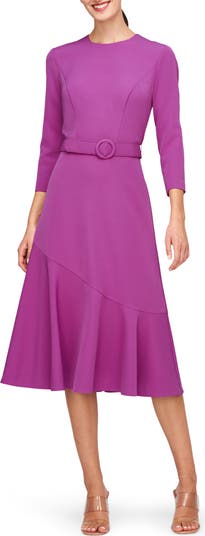 Kay Unger Polly Belted Three-Quarter Sleeve Stretch Midi Dress | Nordstrom