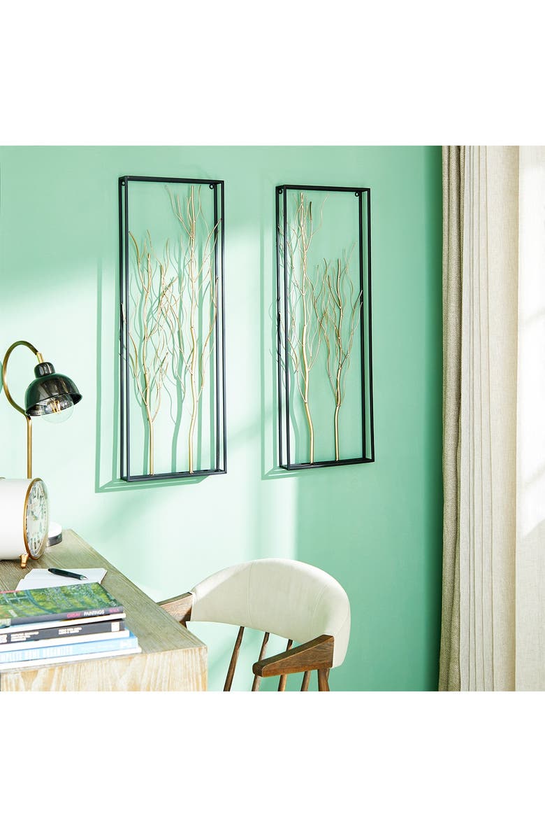 WILLOW ROW Goldtone Metal Branch Tree Wall Decor with Black Frame - Set ...