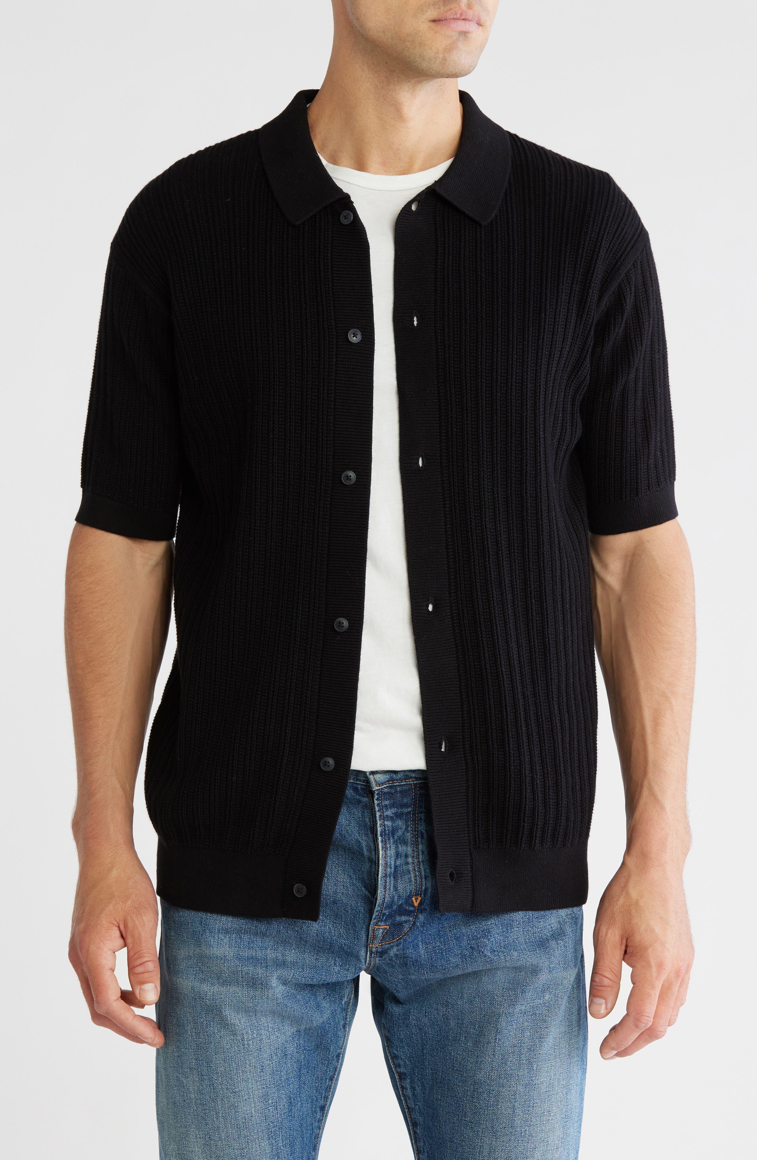 DENIM AND FLOWER Textured Crochet Short Sleeve Shirt | Nordstromrack