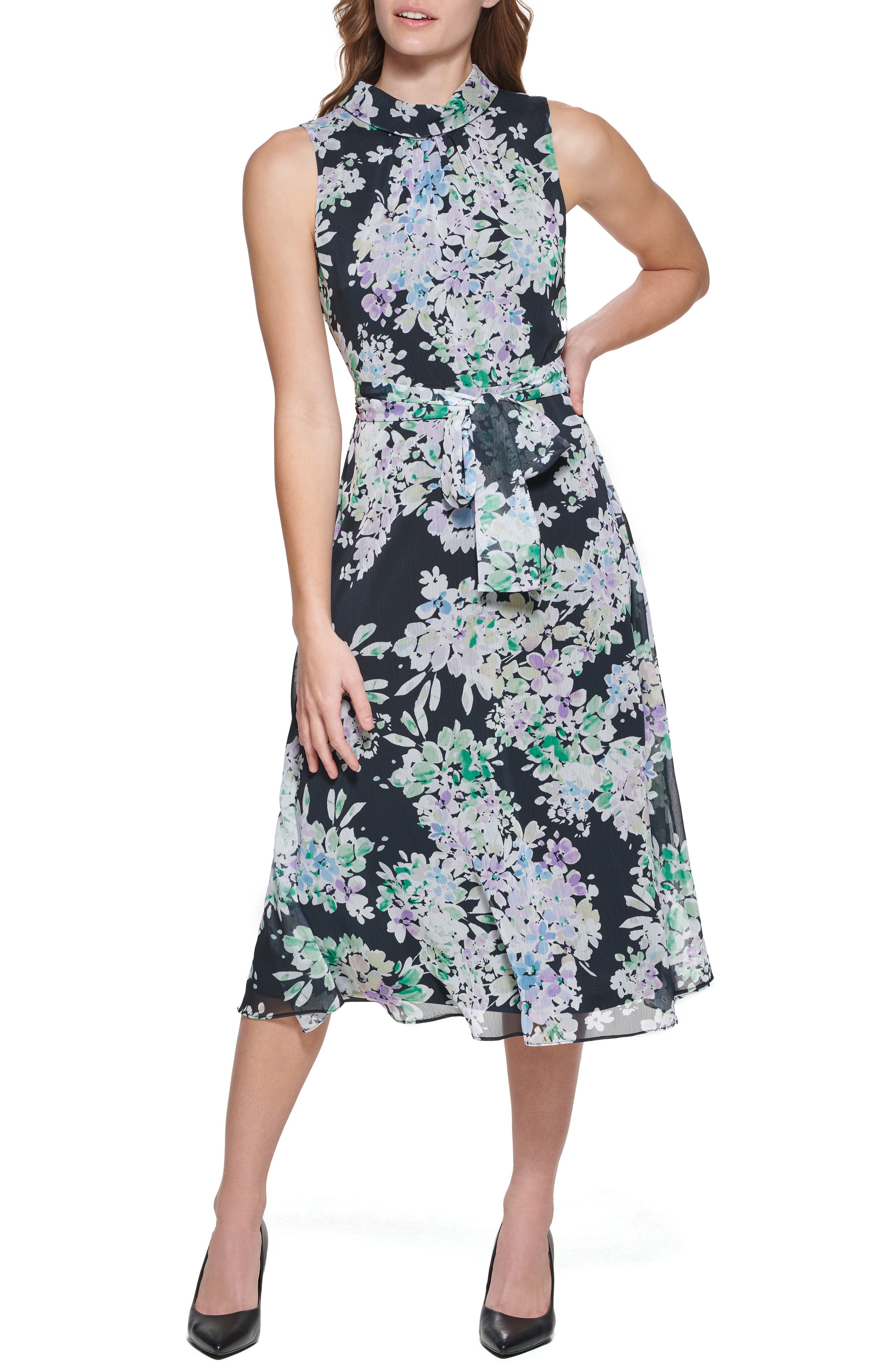 KARL LAGERFELD PARIS Floral Sleeveless Chiffon Midi Dress | Nordstromrack