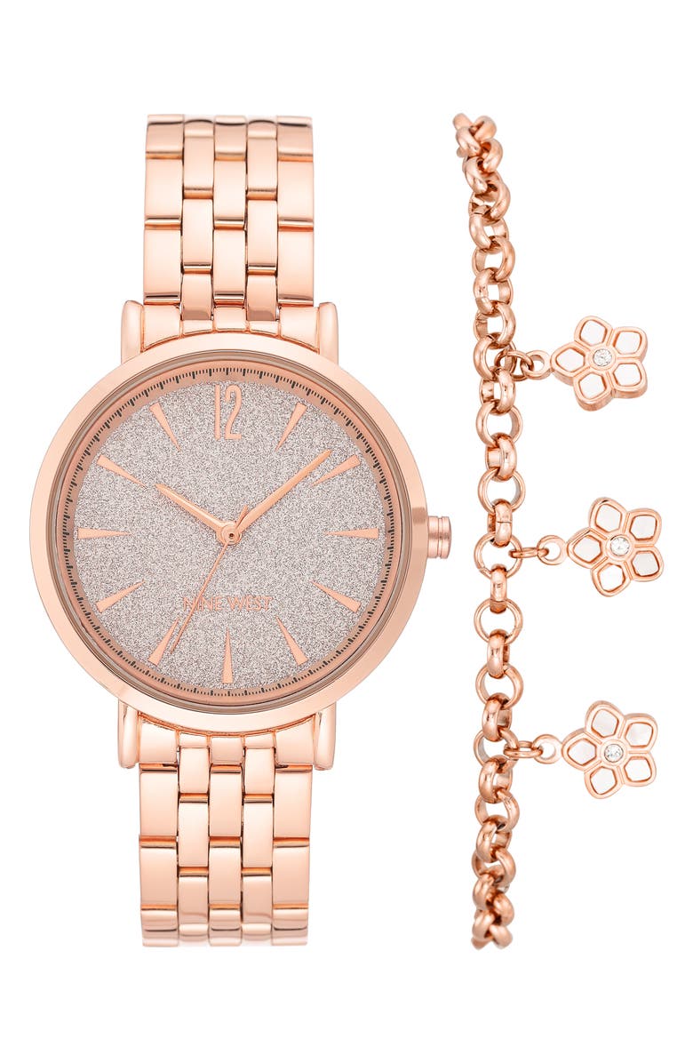 Nine West Shimmer Dial Quartz Bracelet Watch & Chain Bracelet Set, 36mm ...