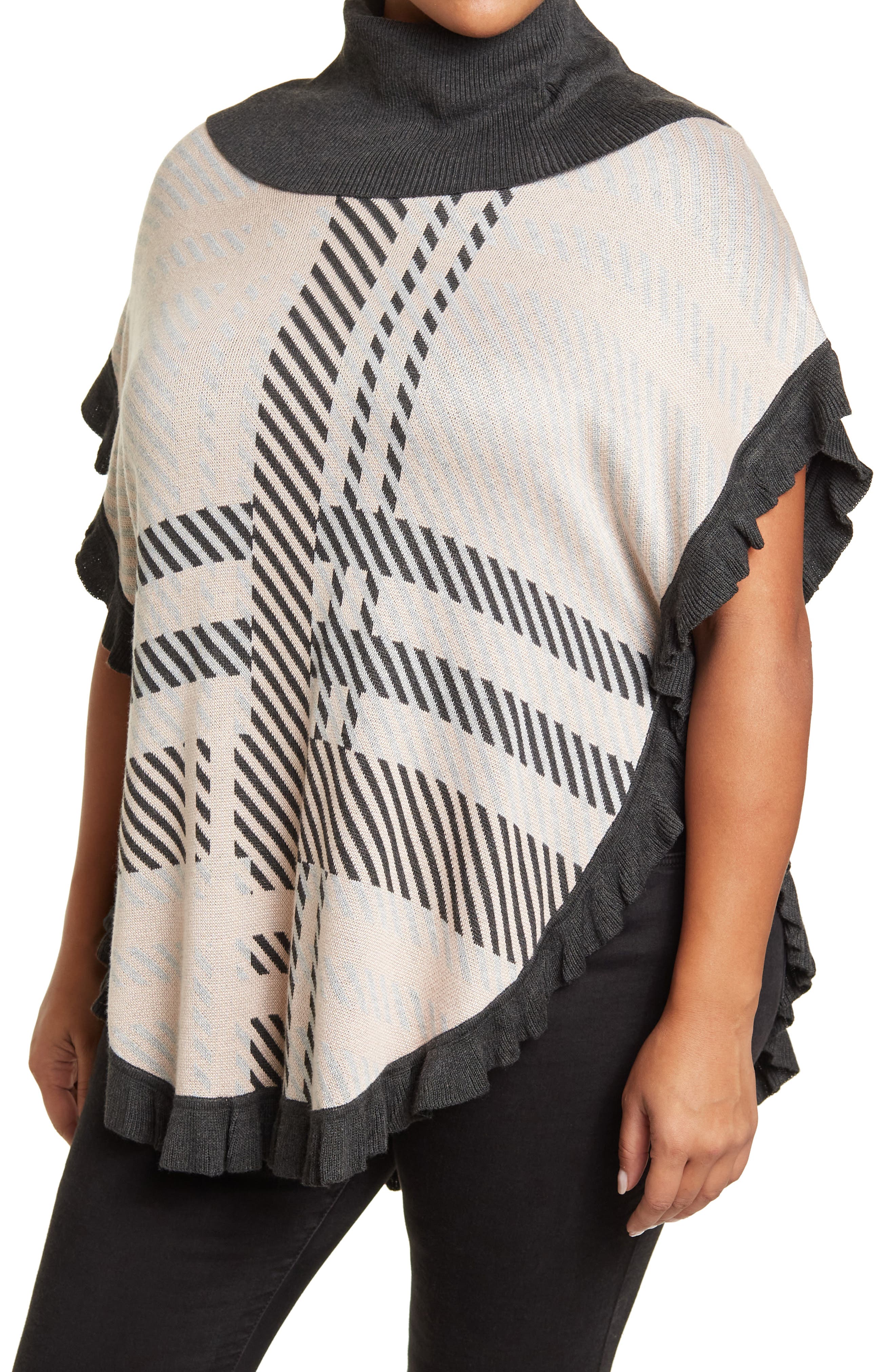 Joseph A Plaid Mock Neck Ruffle Trim Poncho | Nordstromrack