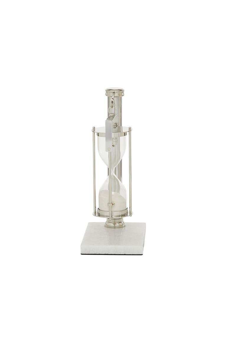 WILLOW ROW Silver Brass Hanging Sand Timer on Rectangular White Marble ...