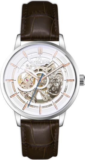 Alfred Sung Automatic III Quartz Leather Strap Watch, 43mm | Nordstromrack