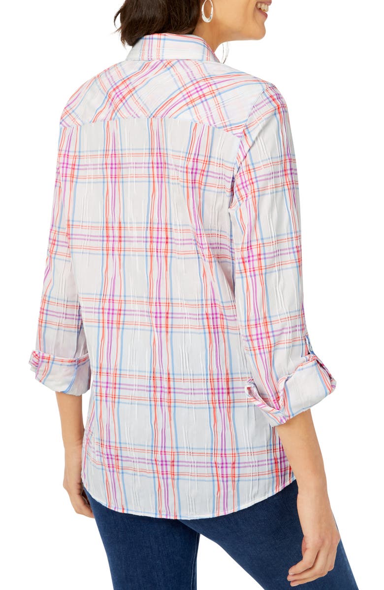 Foxcroft Zoey Crinkled Plaid Roll Sleeve Blouse | Nordstrom