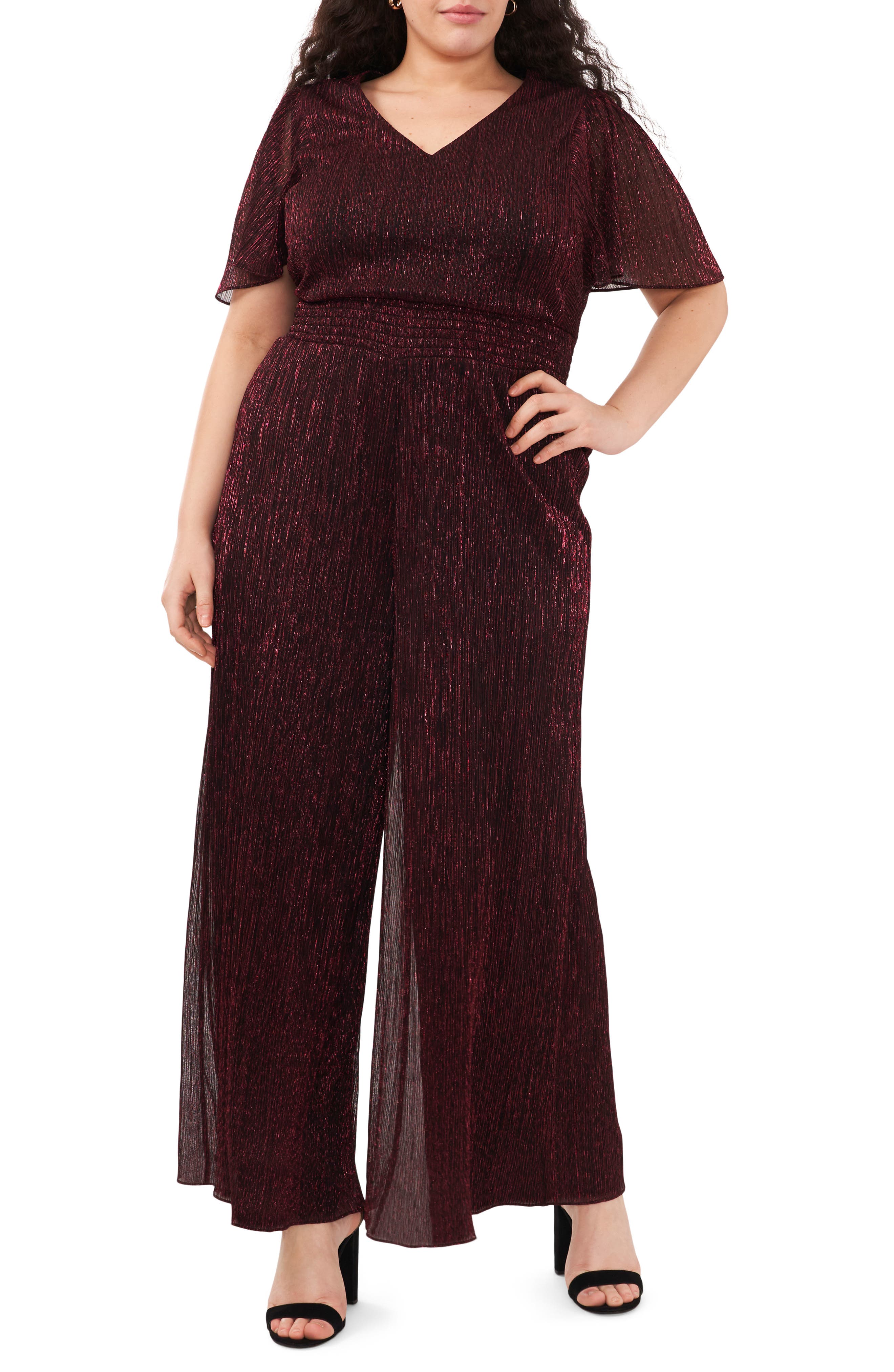 Halogen® Metallic V-Neck Flutter Sleeve Wide Leg Plissé Jumpsuit ...