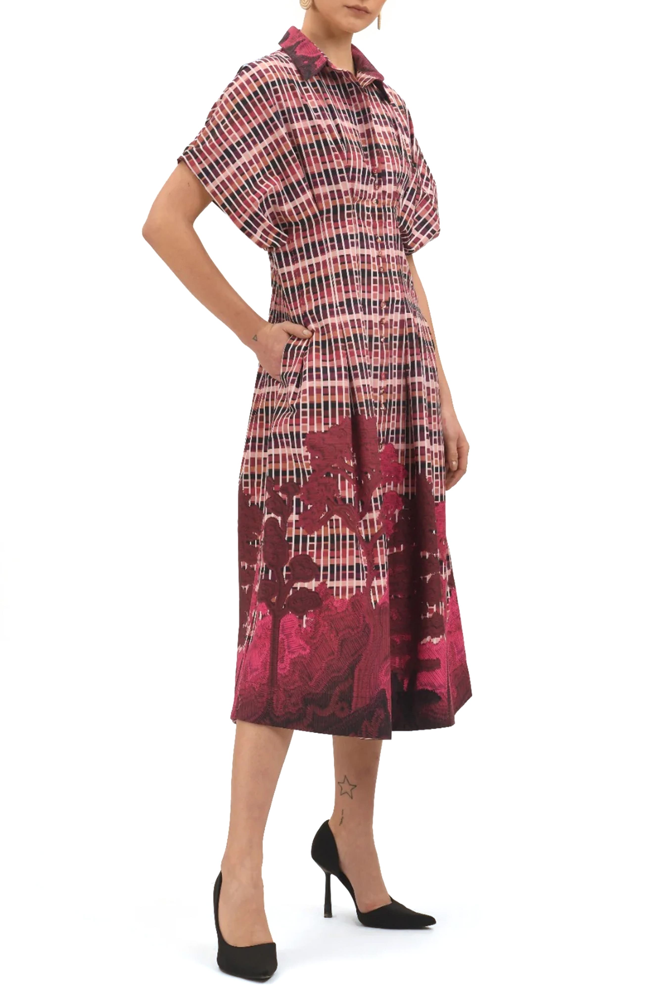 Celina Moon Tartan Embroidered Short Sleeve Cotton Shirtdress ...