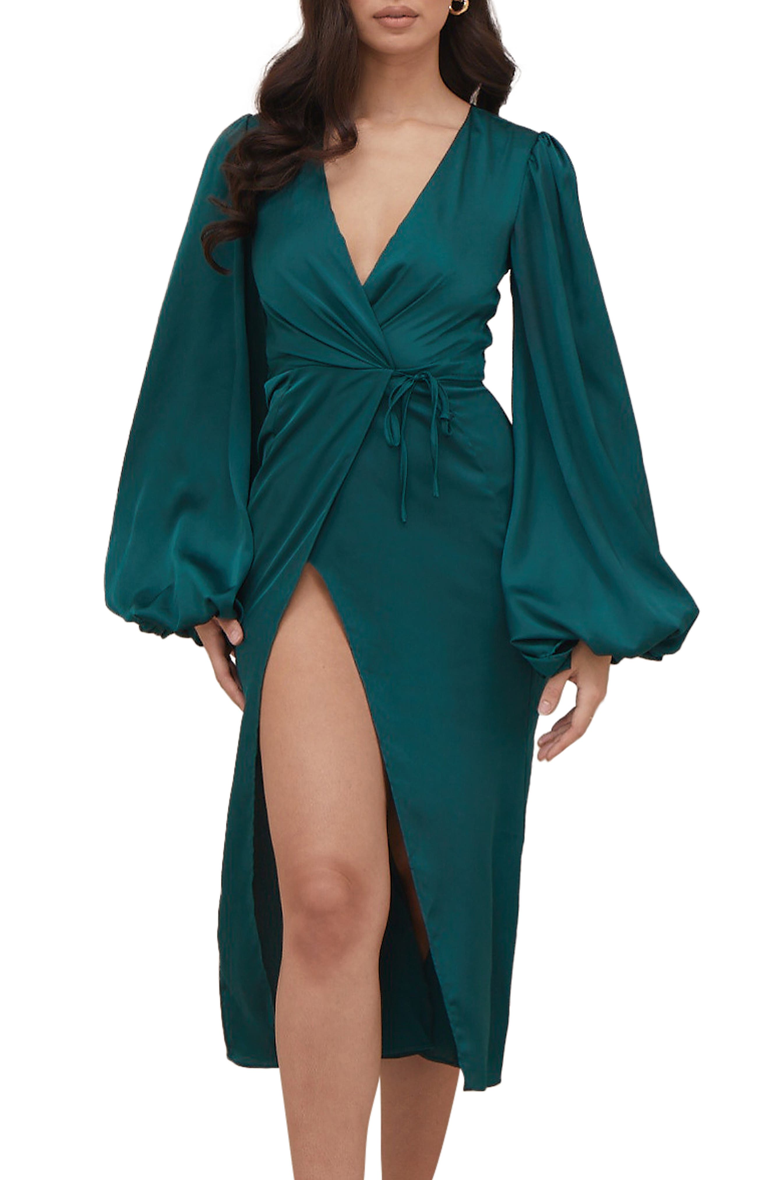 HOUSE OF CB Shiloh Long Sleeve Satin Wrap Dress | Nordstrom