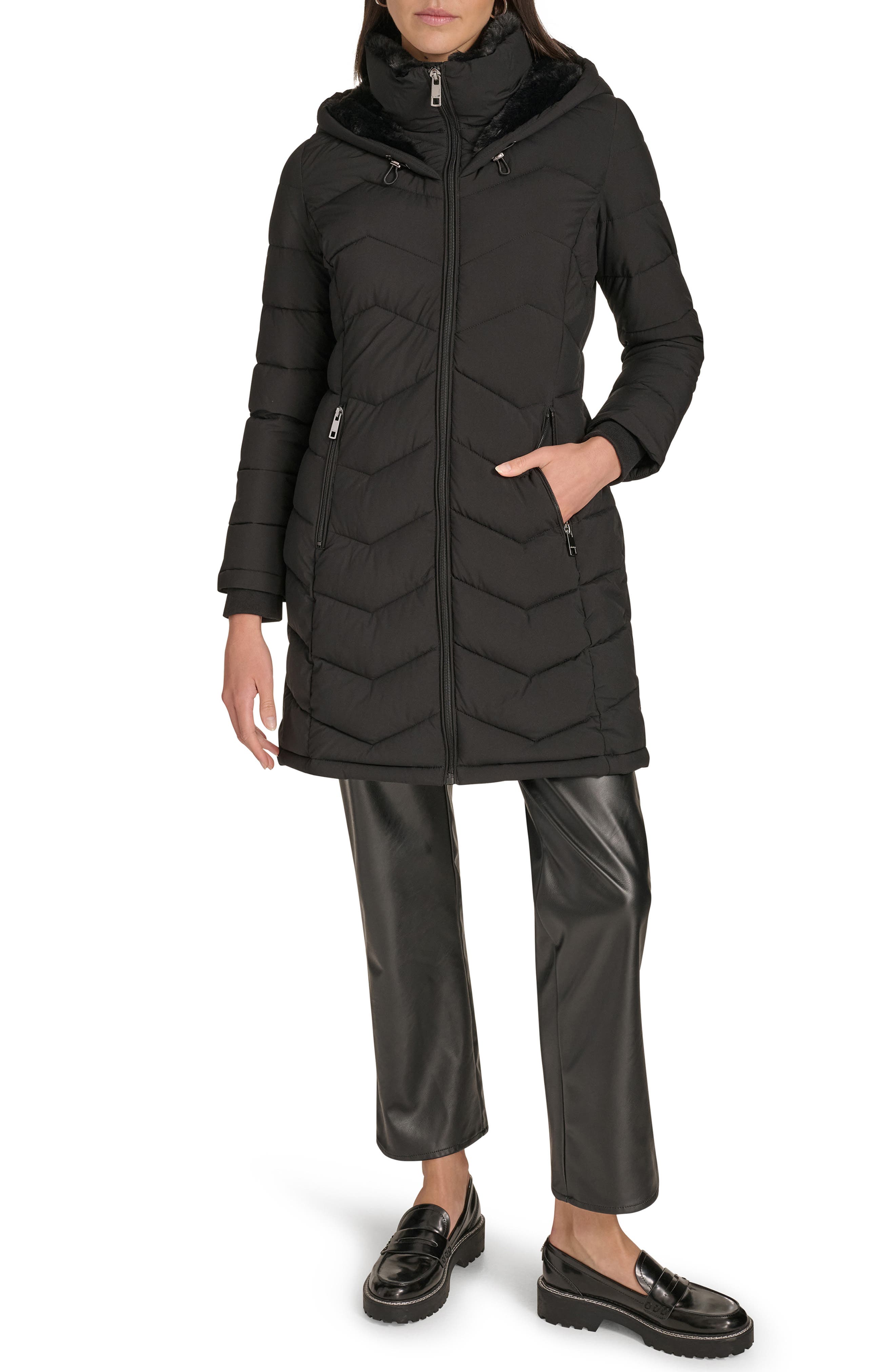 Calvin Klein Matte Stretch Hooded Chevron Quilted Jacket | Nordstromrack
