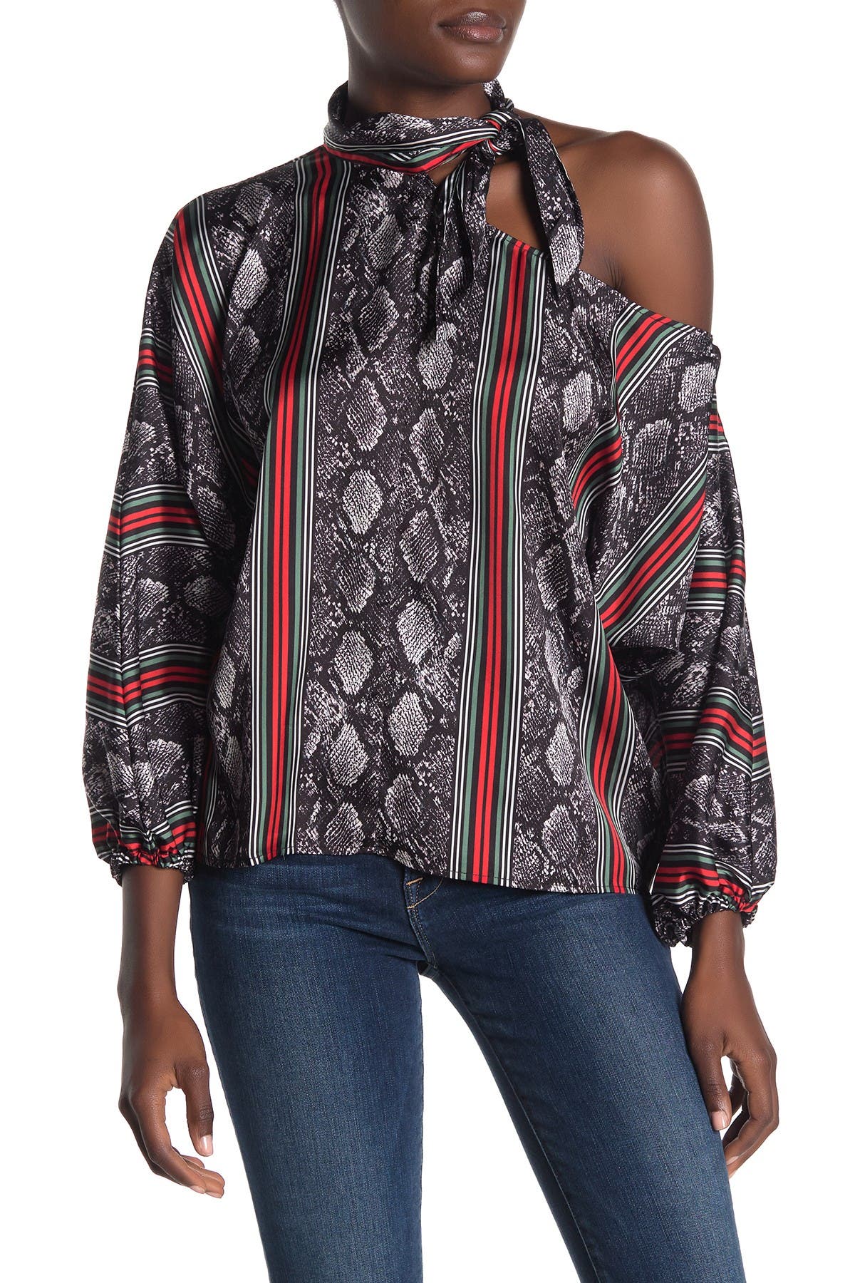 Snake Print Stripe Tie Neck One Shoulder Satin Top (Women) | Nordstromrack