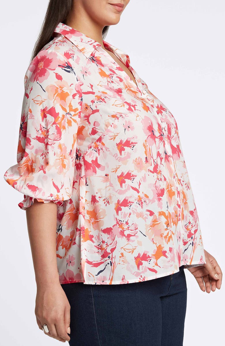 Foxcroft Alexis Floral Smocked Sleeve Cotton Popover Top | Nordstrom